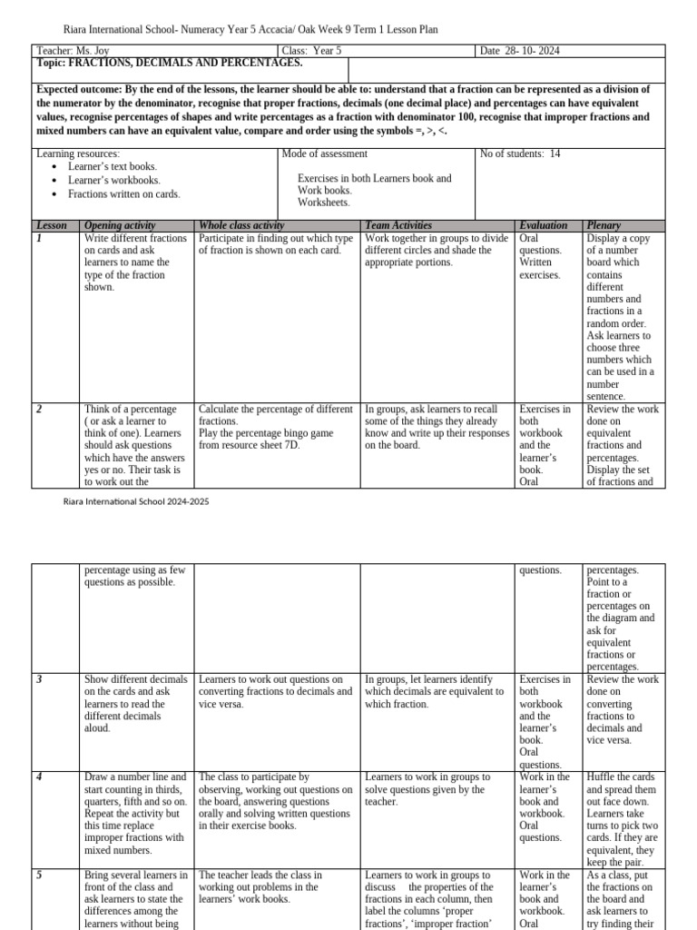 Math Lesson Plan Year 5 Term 1 Week 9 (1) | PDF | Mathematics ...