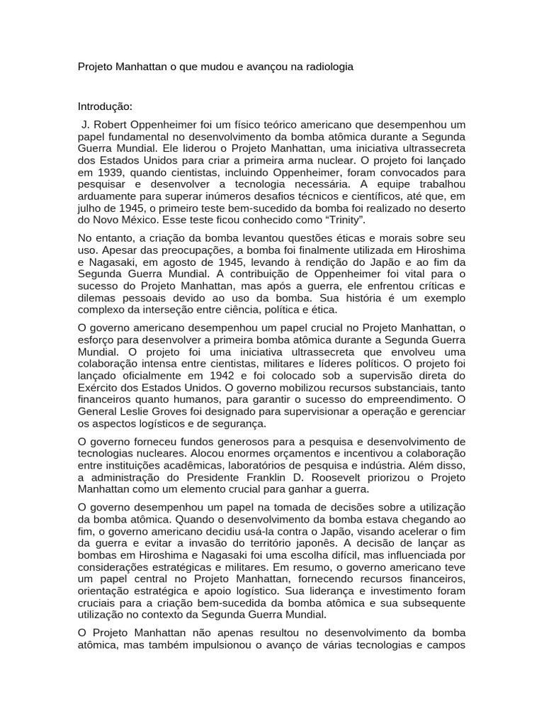 Projeto Manhattan o Que Mudou e Avançou Na Radiologia | PDF | Projeto ...