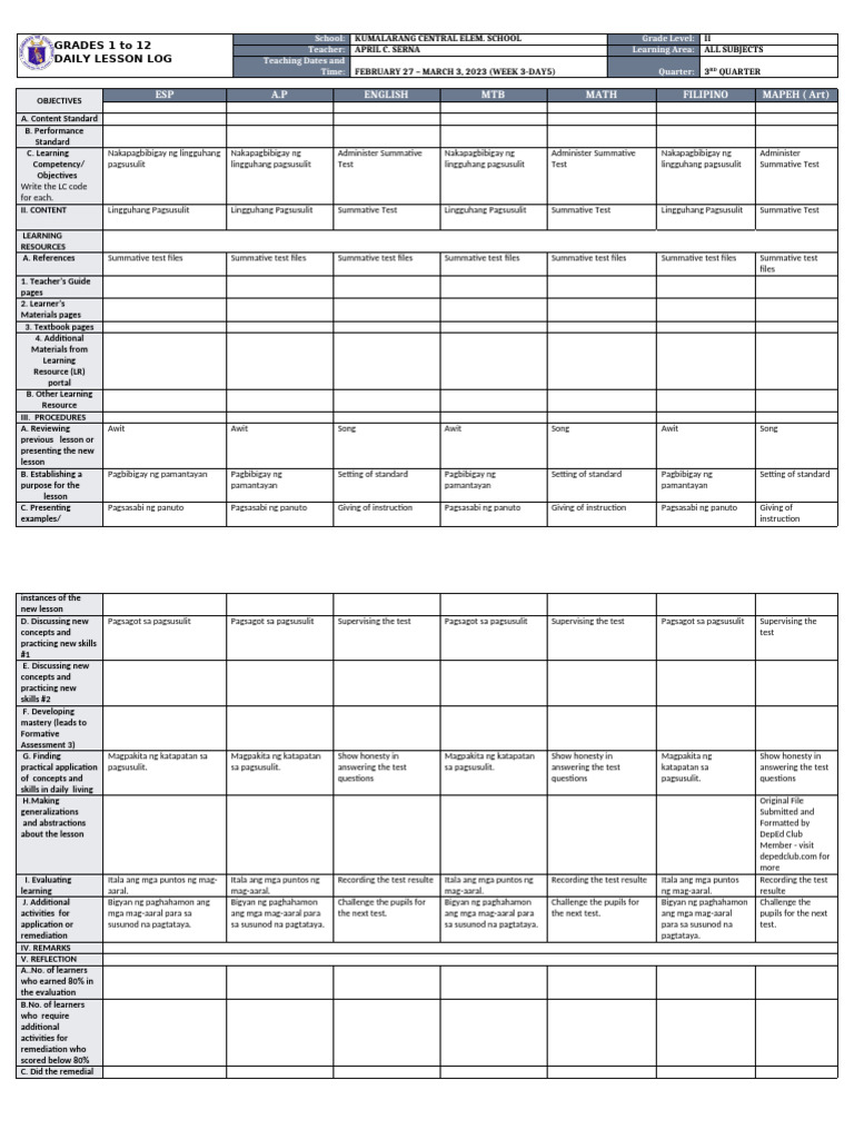 DLL - All Subjects 2 - Q3 - W3 - D5 | PDF | Human Communication | Pedagogy