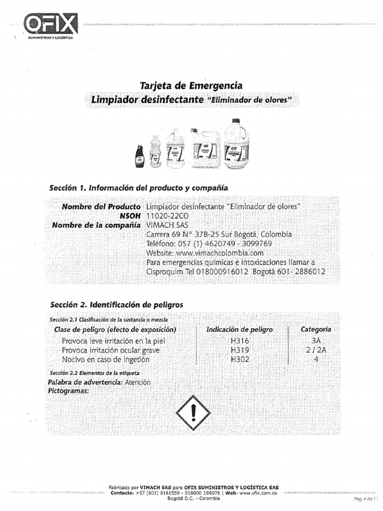 Ficha de Datos de Seguridad Limpiador Desinfectante | PDF