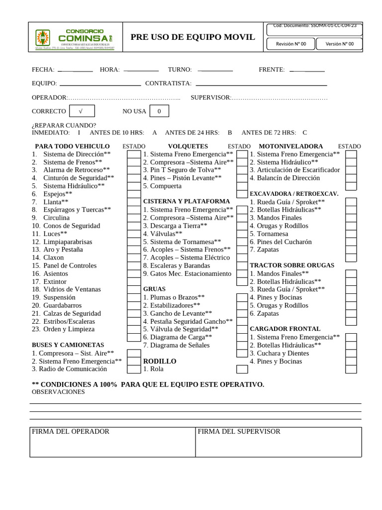 C04 PRE USO DIARIO DE EQUIPO MOVIL Rev.00 | PDF | Estilos de carrocería ...