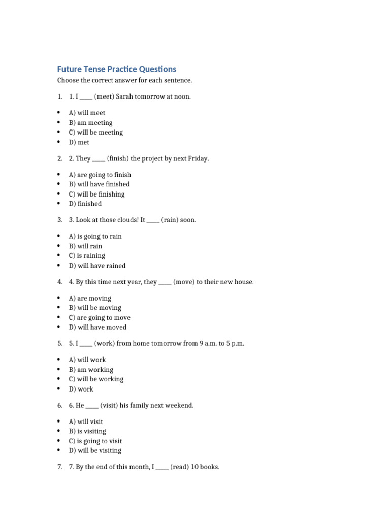 Future Tense Practice Questions | PDF | Language Arts & Discipline ...