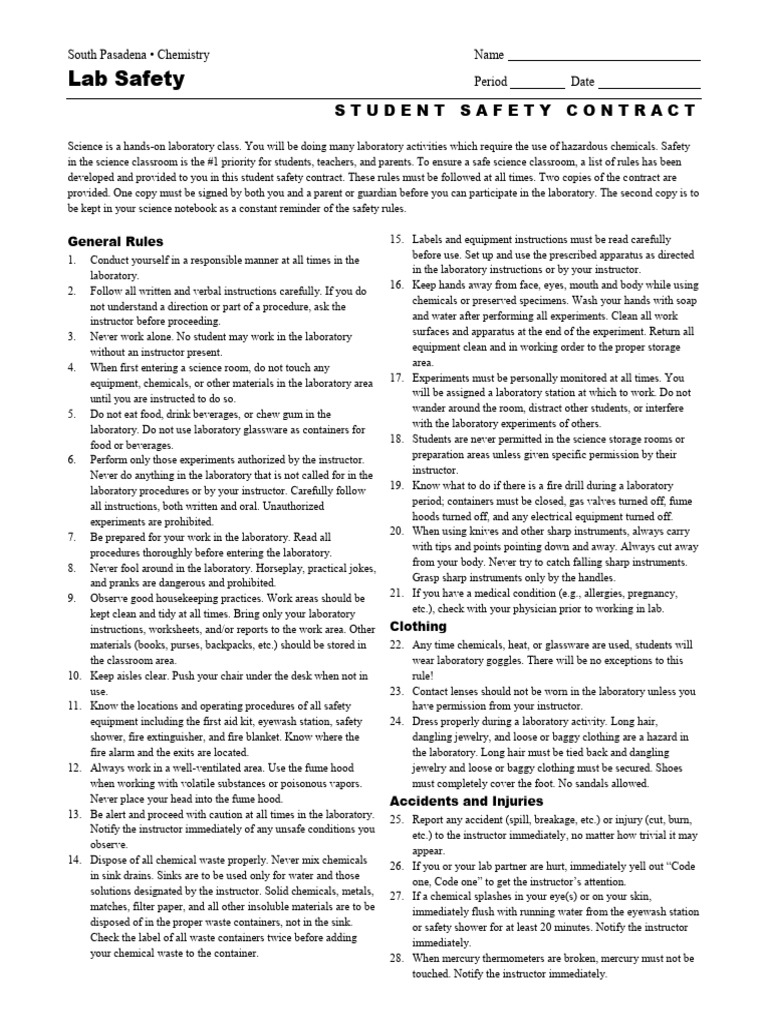 Chem+0 1+Student+Safety+Contract | PDF | Laboratories | Glasses