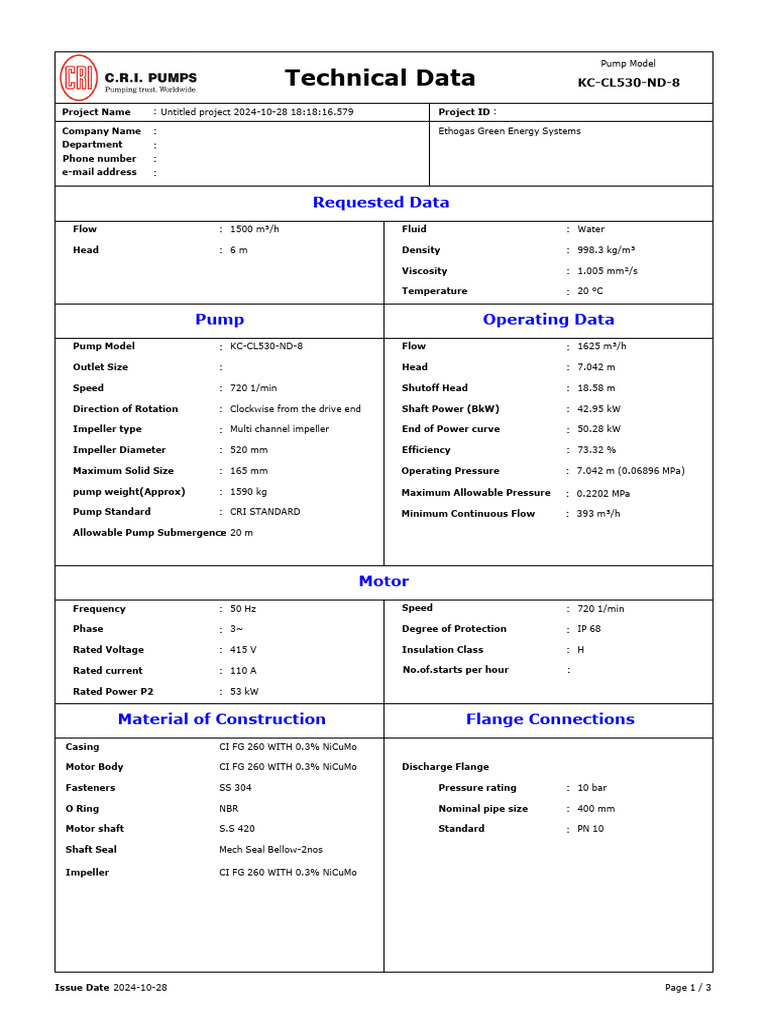 Data - Sheet - KC CL530 ND 8 | PDF | Pump | Mechanical Engineering