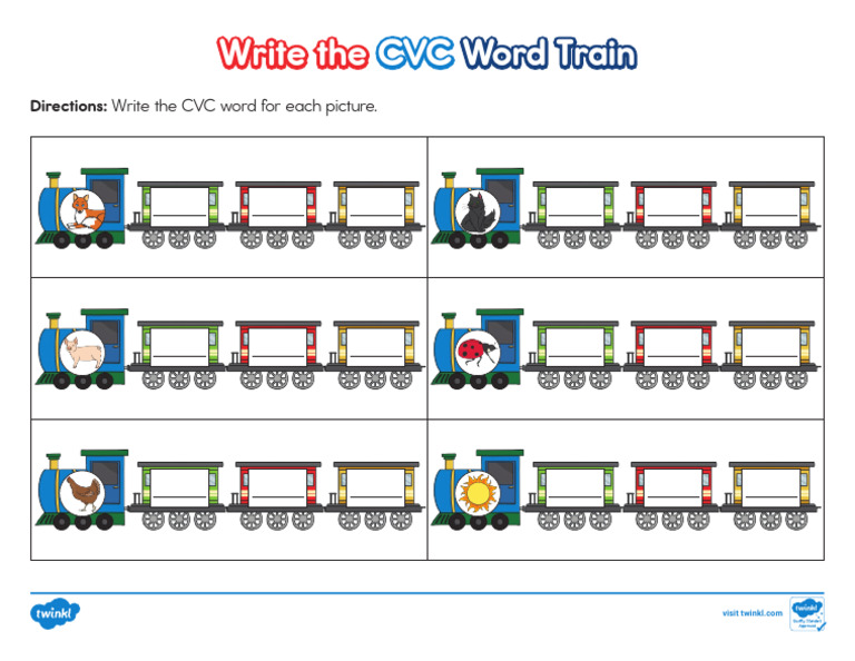 Color Kindergarten Write the CVC Word Train Activity | PDF