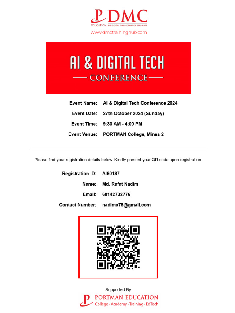 AI Digital Tech Conference - Md. Rafat Nadim - Registration QR Code | PDF