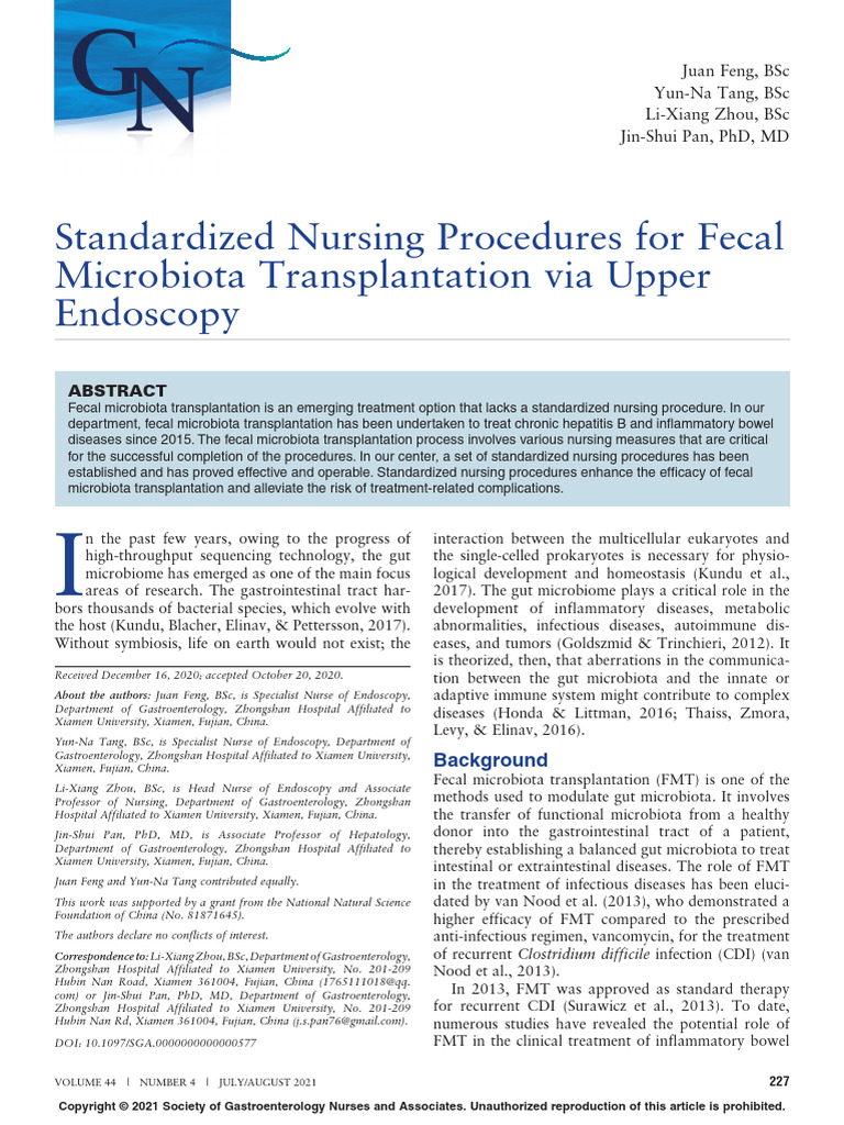 Standardized Nursing Procedures For Fecal | PDF | Microbiota | Diseases ...