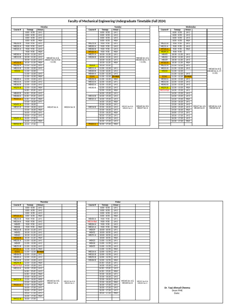 Timetable FME (Fall 2024) - V3 | PDF