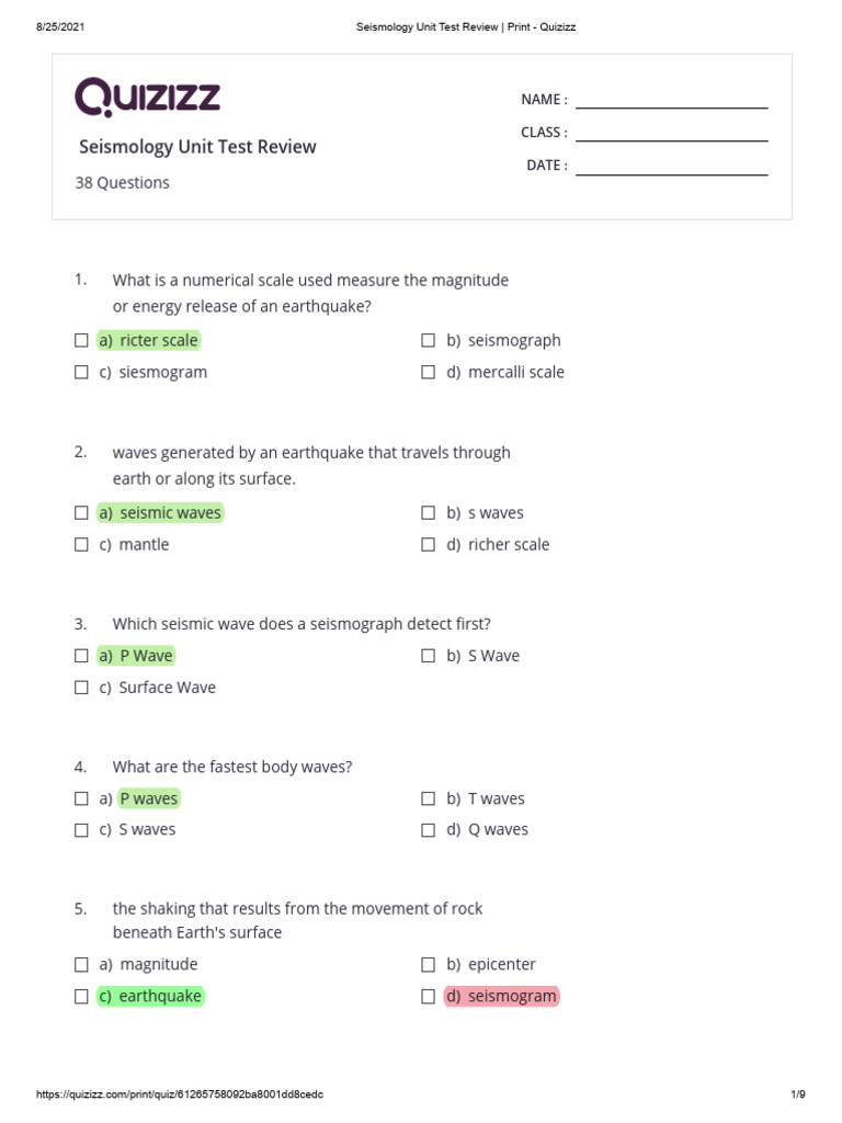 Seismology Unit Test Review - Print - Quizizz | PDF | Seismology ...