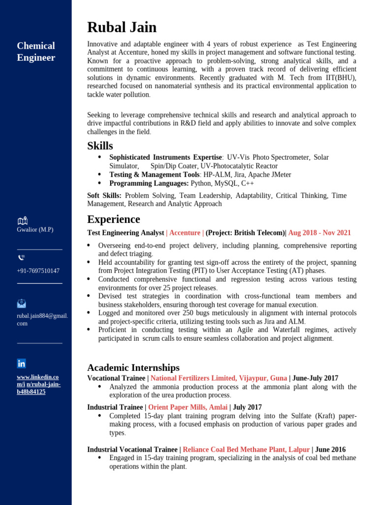 Rubal Jain Chemical Engineer New R&D | PDF | Physical Sciences | Materials