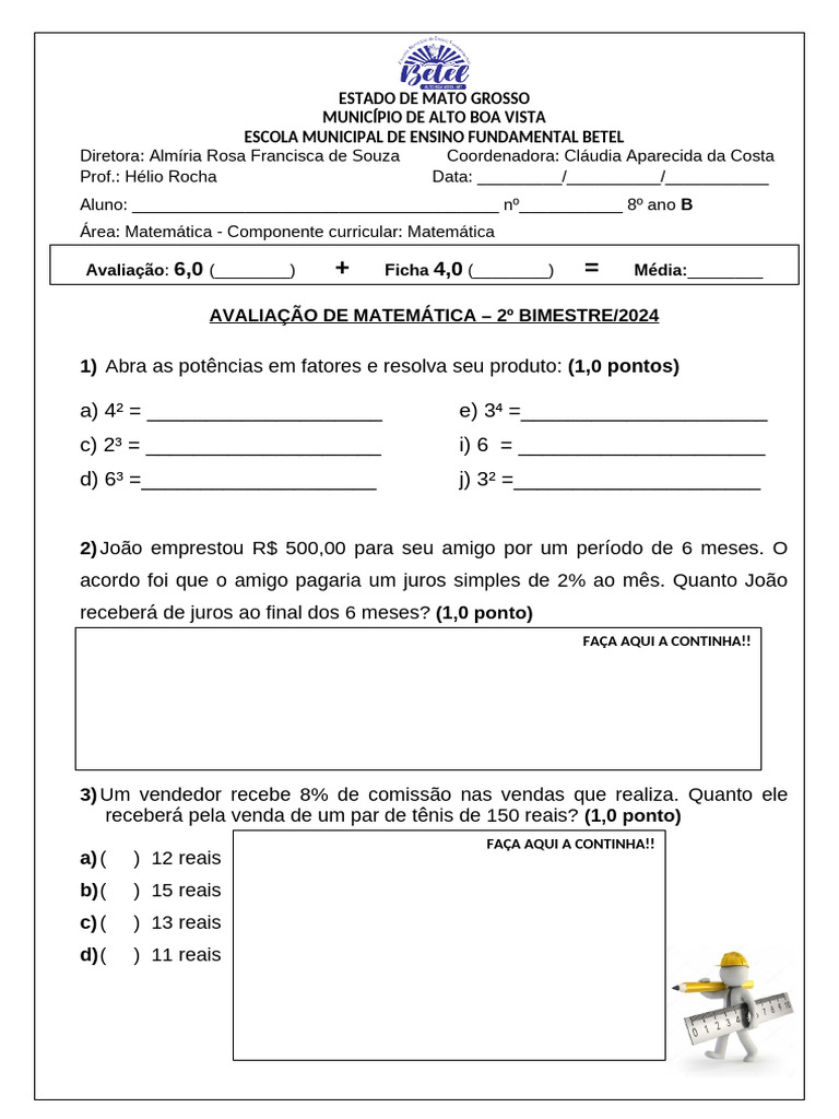8B 2bim Prova Matematica | PDF | Matemática