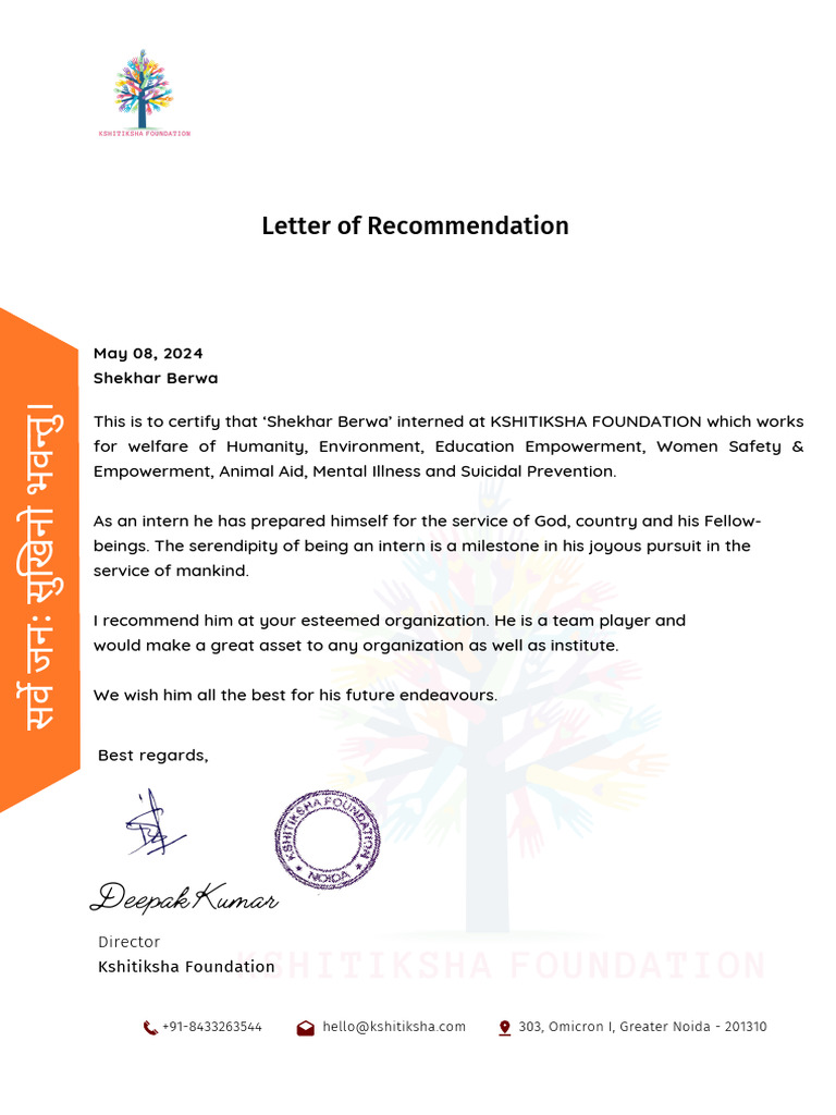 Recommendation for Shekhar Berwa | PDF | Career & Growth | Self-Improvement