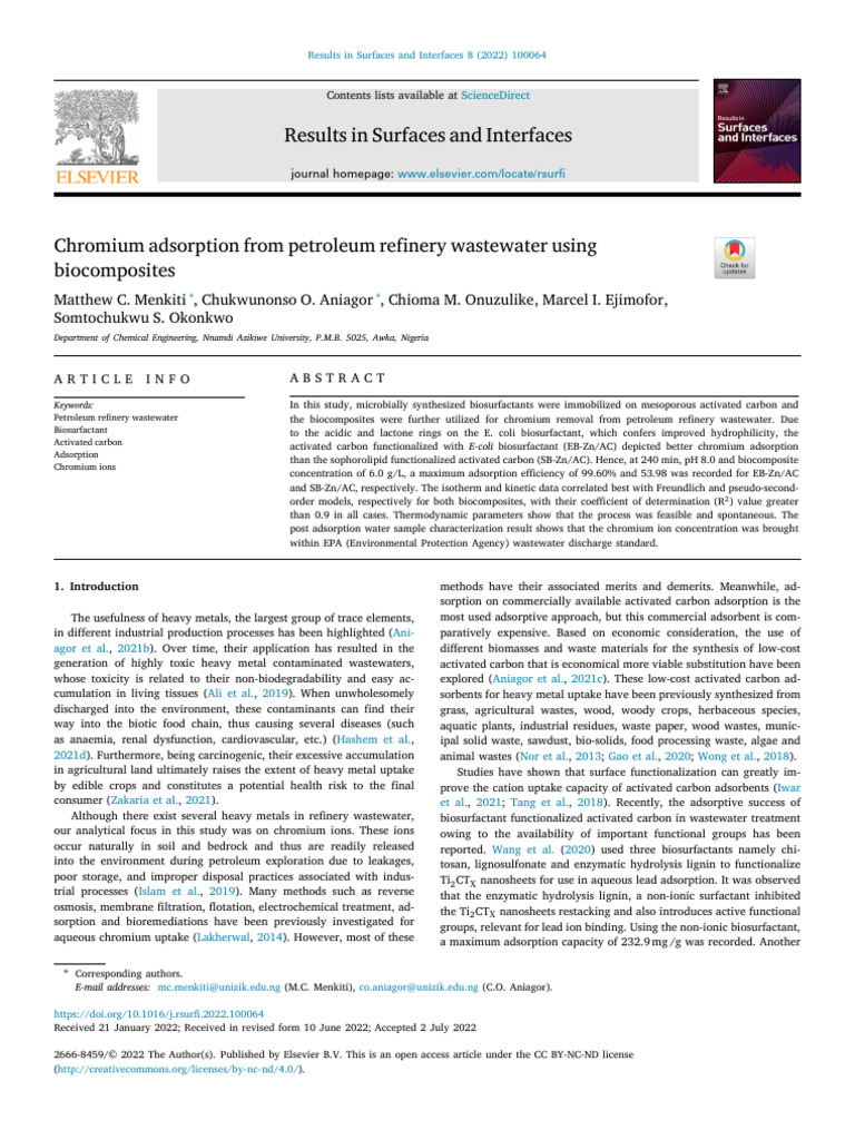 Chromium Adsorption From Petroleum Refinery Wastewater | PDF ...