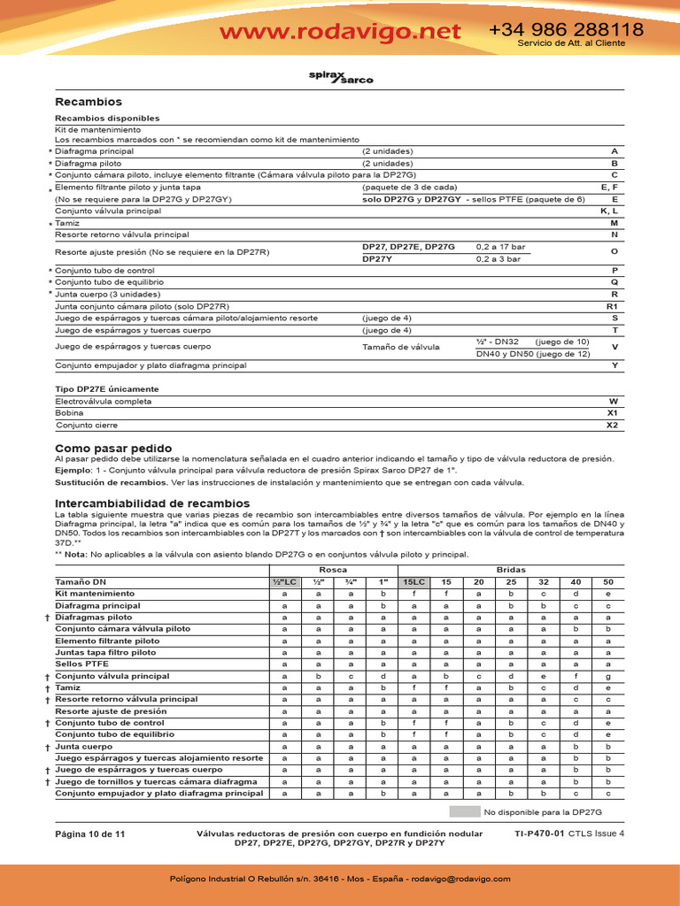 Recambio Valvula Reductora dp27 Dp27e dp27g dp27r Dp27y Spirax Sarco | PDF | Hidráulica ...