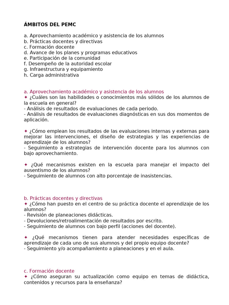 Ámbitos Del Pemc Plan de Trabajo | PDF | Enseñando | Aprendizaje