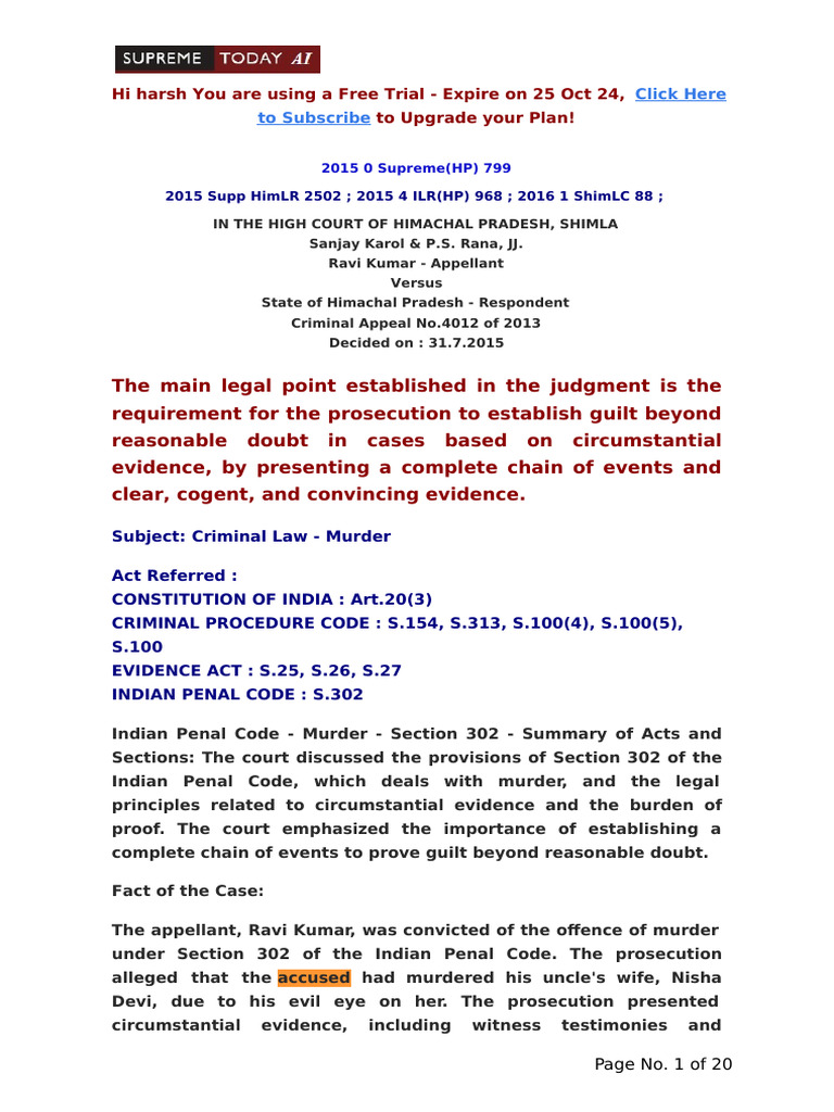 Ravi Kumar Vs State of Himachal Pradesh 2015 0 Supreme HP 799 | PDF | Reasonable Doubt | Witness