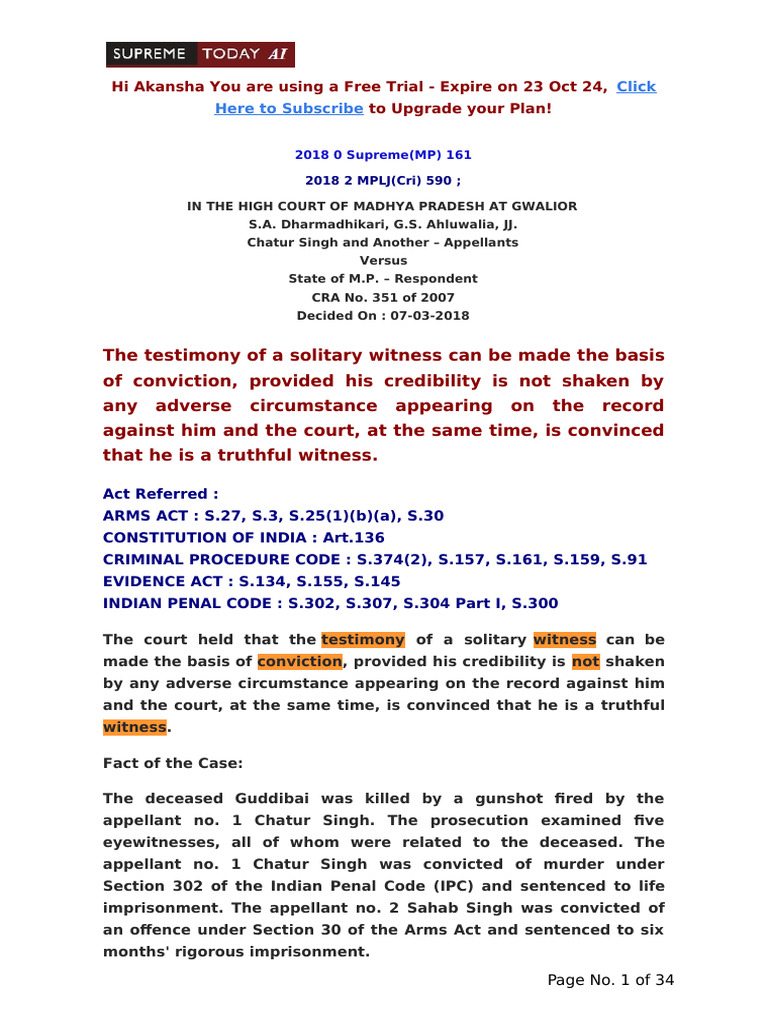 Chatur Singh Vs State of M P 2018 0 Supreme MP 161 | PDF | Witness ...