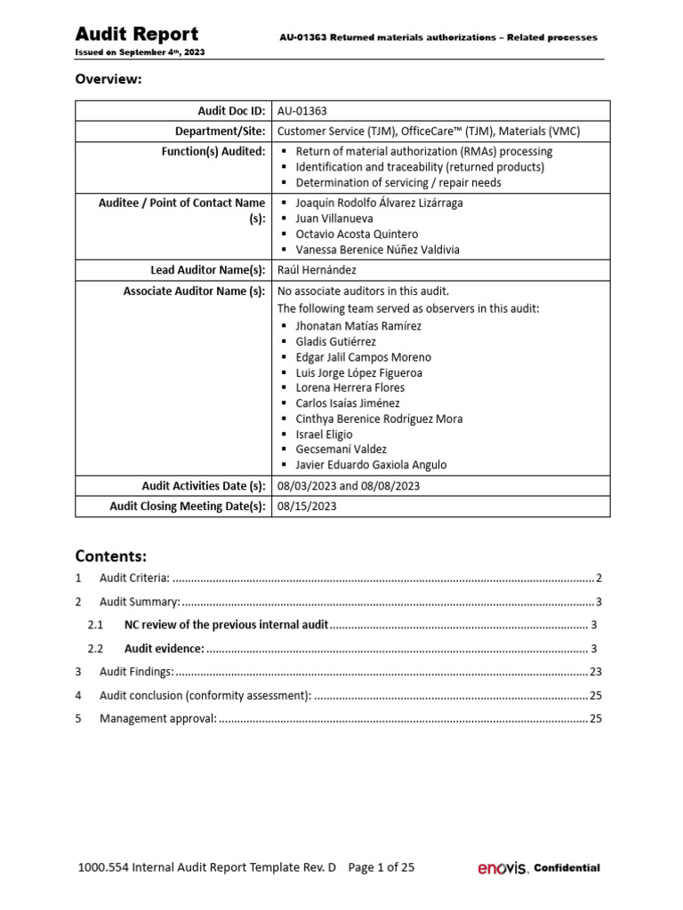 01 Evaluation - AU-01363 - 1000.554 Internal Audit Report | PDF ...
