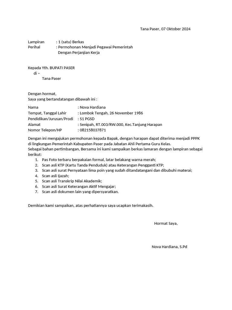 Surat Lamaran Kak Nova | PDF