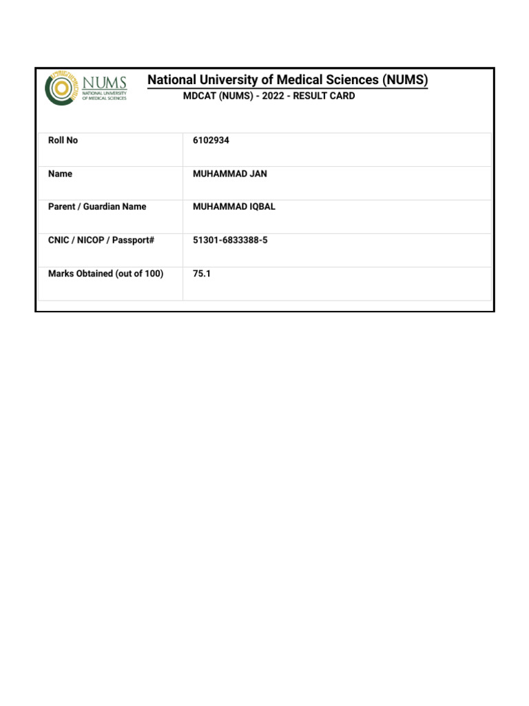 Nums Result Card | PDF