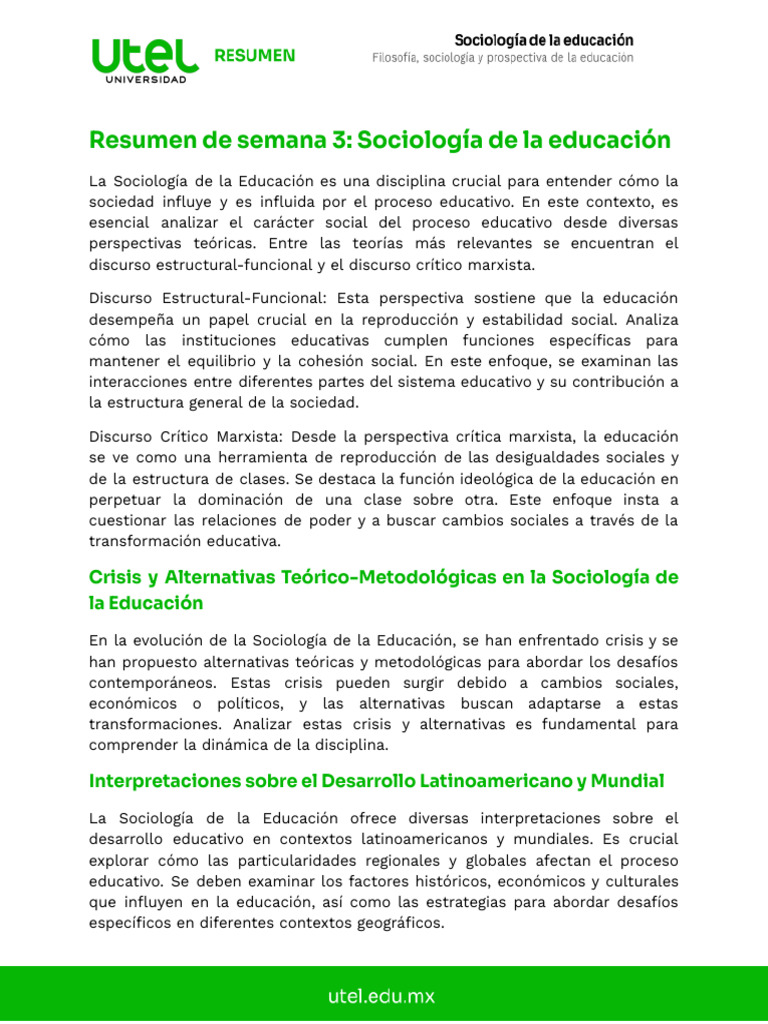 Resumen S3 M1TE101 Filosofia Sociologia y Prospectiva de La Educacion | PDF | Sociología | marxismo