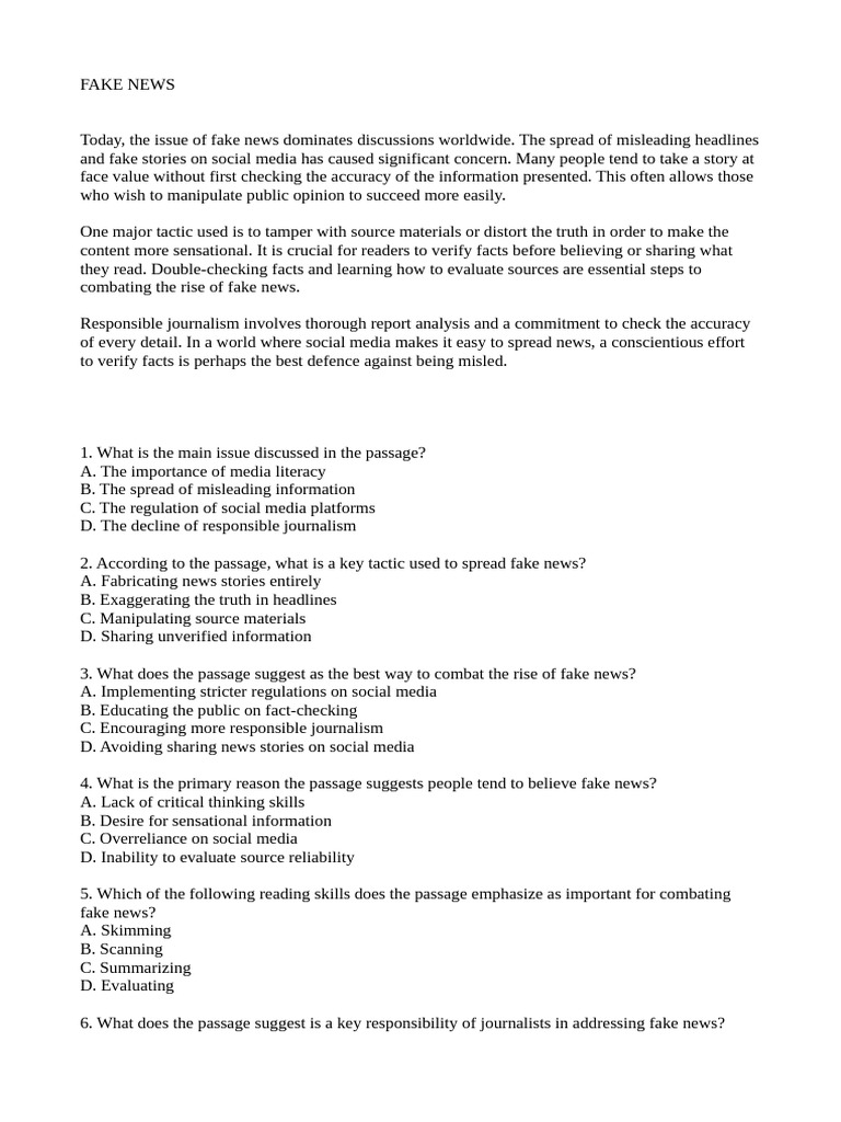 Fake News Reading Comprehension | PDF | News | Journalism