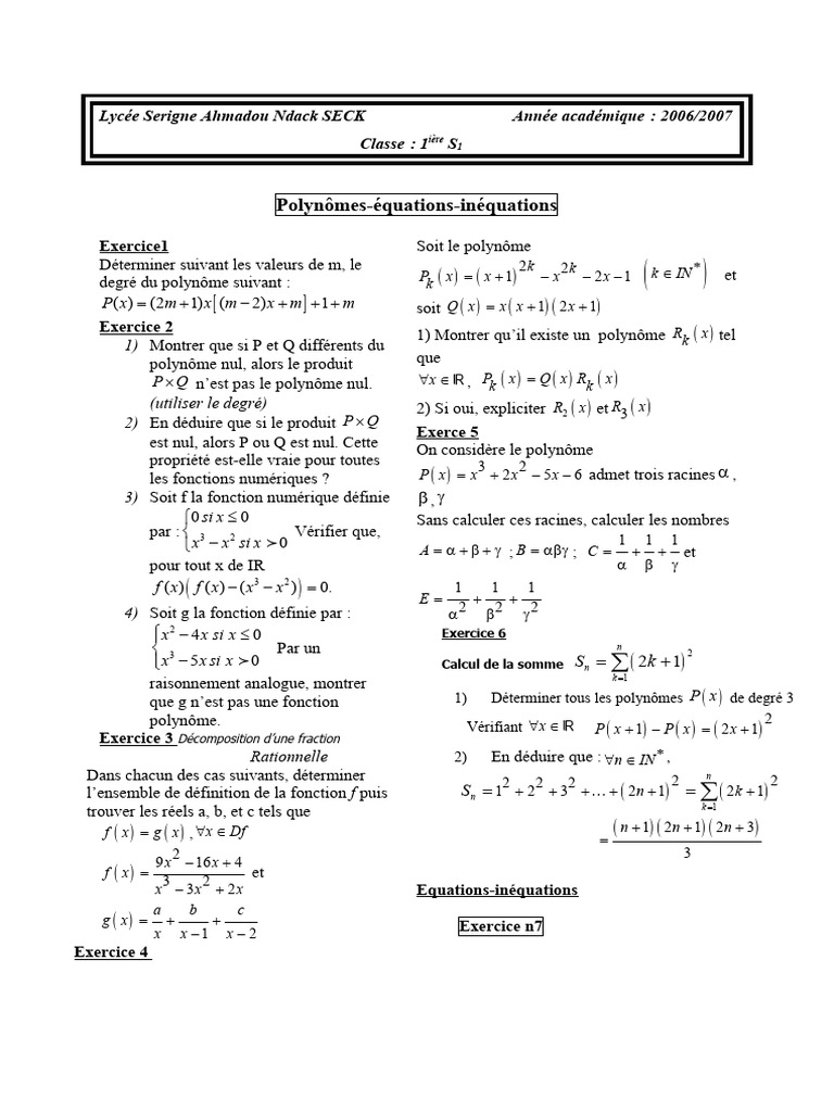 Exercices de Polynômes et Équations | PDF | Équations | Polynôme