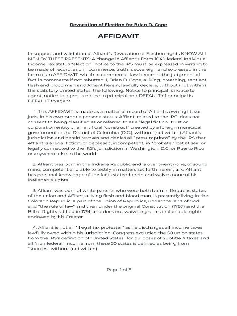 AFFIDAVIT of Revocation of Election To Pay Taxes | PDF | Internal ...