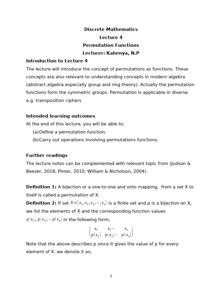 MTH 210 - Lecture 4 - Permutation Functions | PDF | Functions And Mappings | Mathematical Concepts