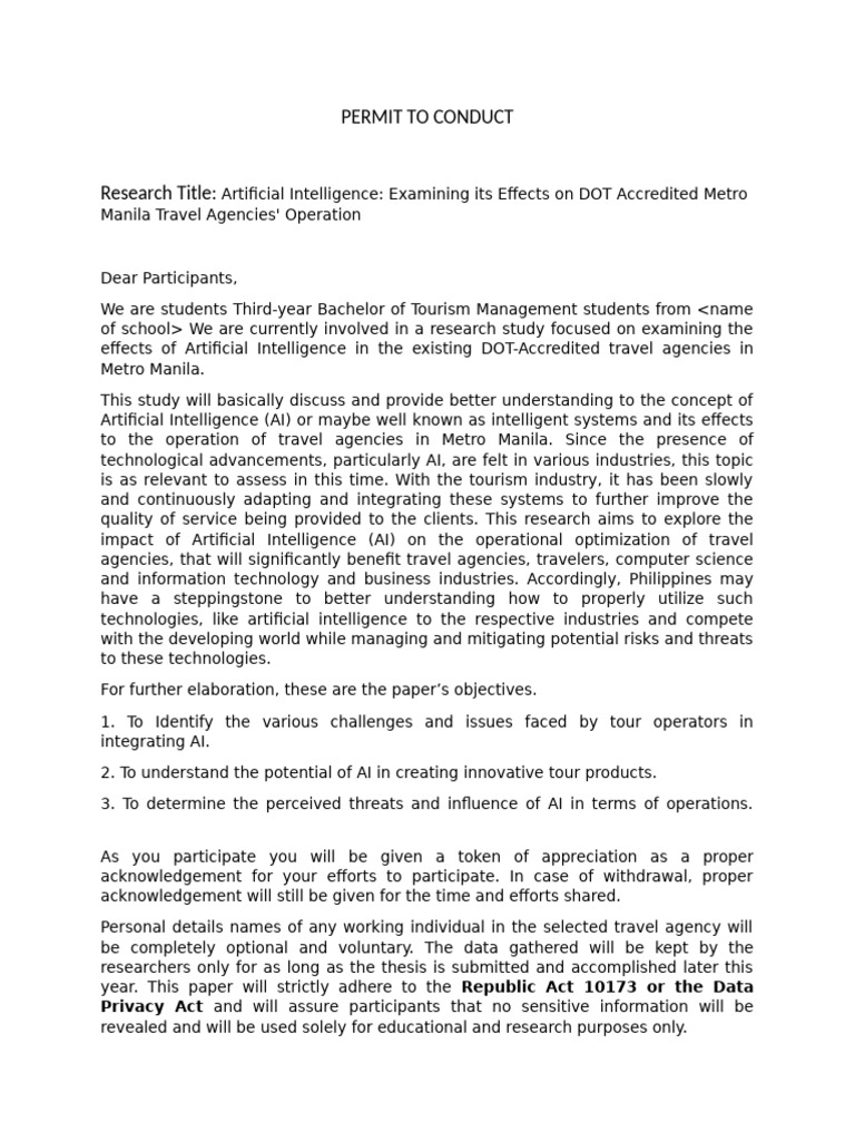 Sample Permit To Conduct Artificial Intelligence in Travel Agencies ...