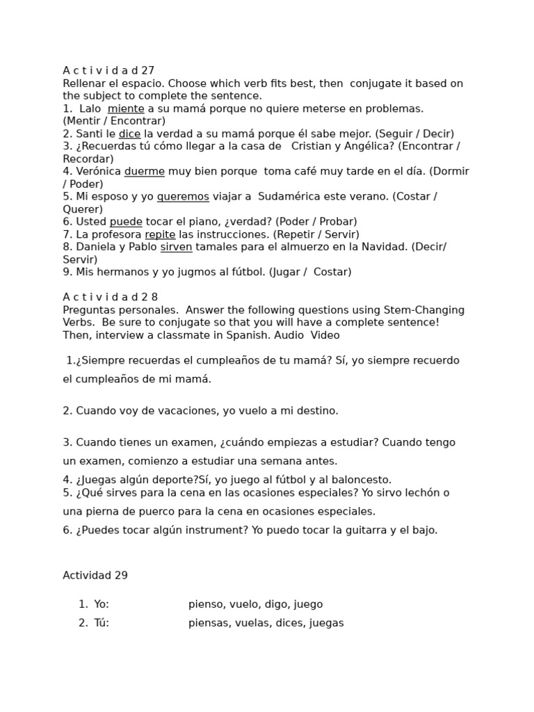 Ejercicios de Verbos en Español | PDF | Artes del Lenguaje y ...