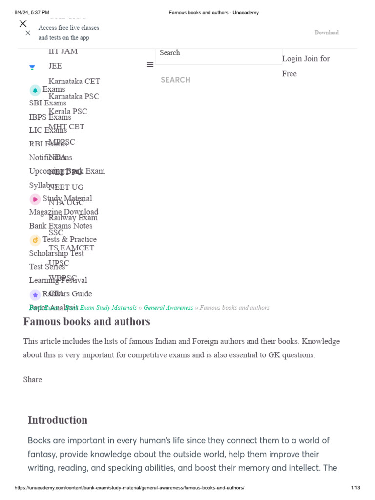 Famous Books and Authors - Unacademy | PDF | William Shakespeare