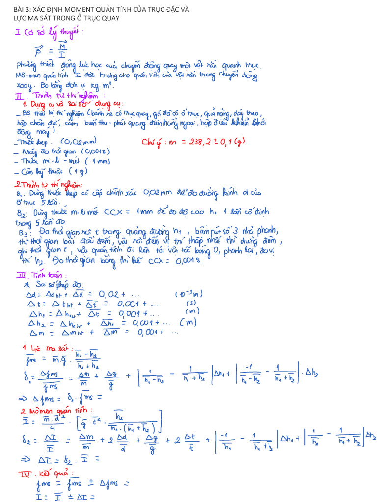 BÀI 3 XÁC ĐỊNH MOMENT QUÁN TÍNH CỦA TRỤC ĐẶC VÀ LỰC MA SÁT TRONG Ổ TRỤC QUAY | PDF