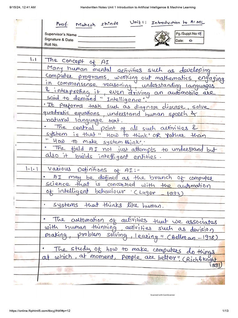 Handwritten Notes Unit 1 Introduction To Artificial Intelligence ...