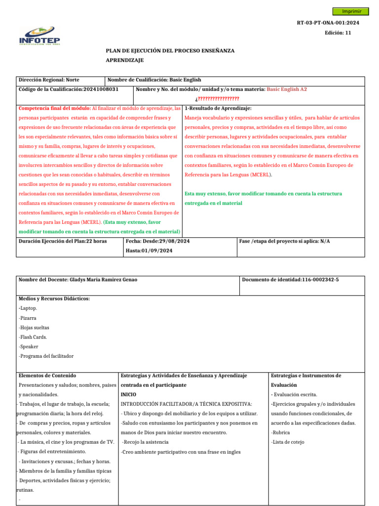 RT-03-PT-ONA-001 - Edicion 11gladys Facilitadora Envio | PDF | Evaluación | Aprendizaje