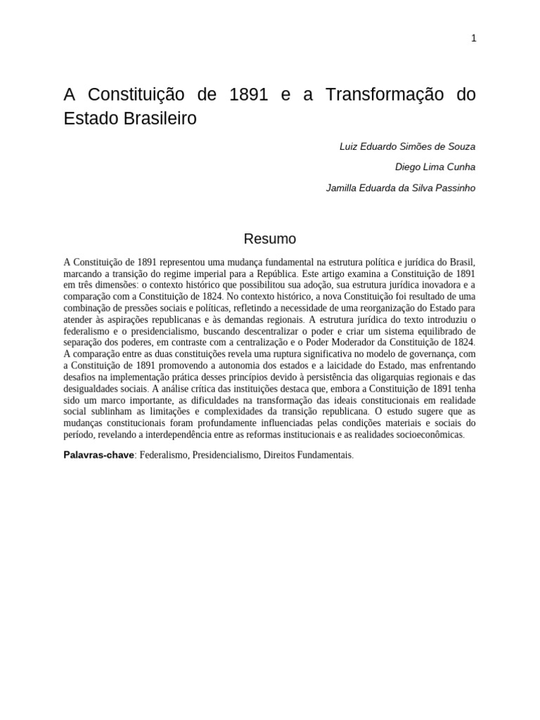 Constituição de 1891: Transformação do Brasil | PDF | República ...