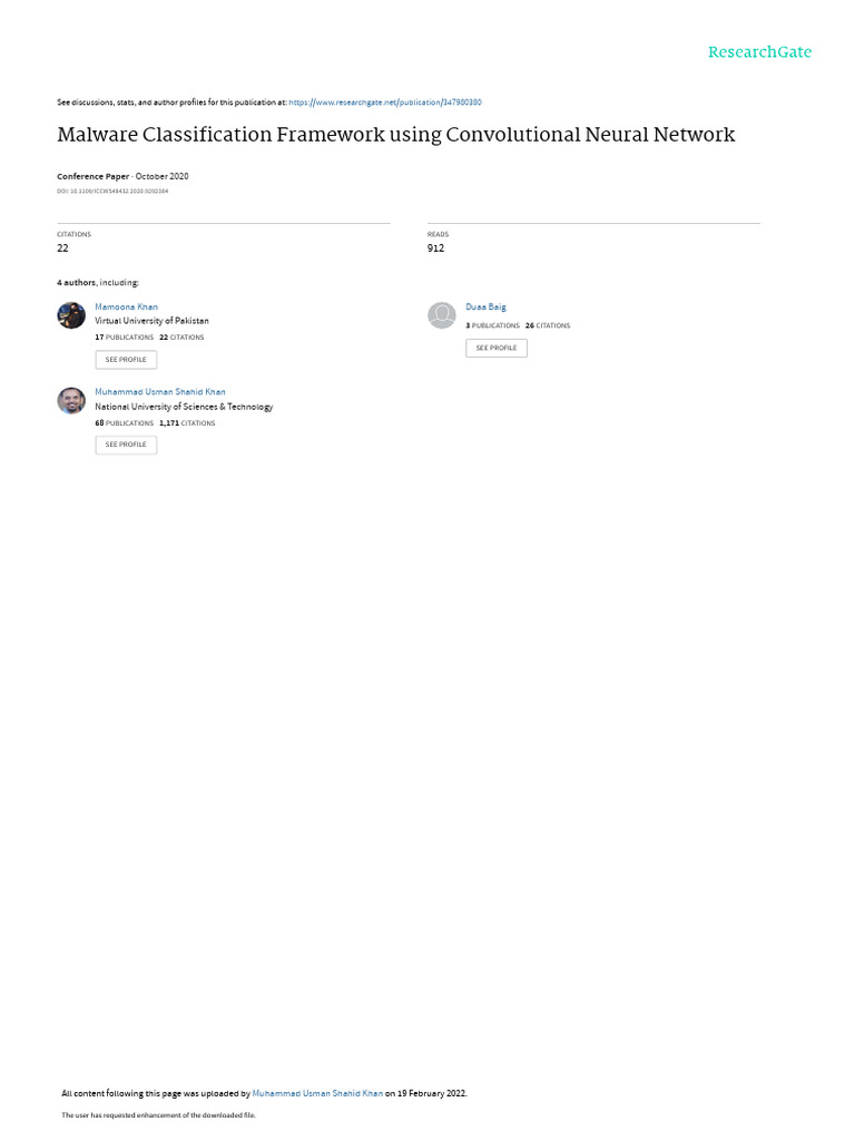 Malware Classification Framework Using Convolutional Neural Network Pdf Artificial Neural