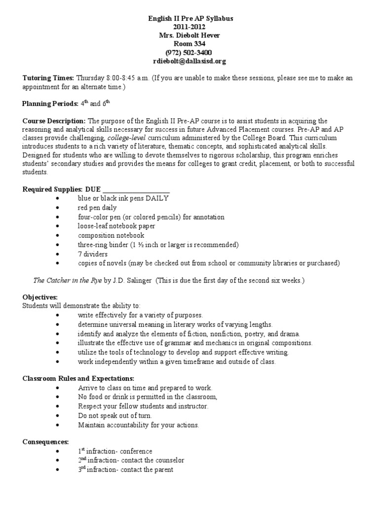 English II Pre AP Syllabus | PDF | Advanced Placement | Sat