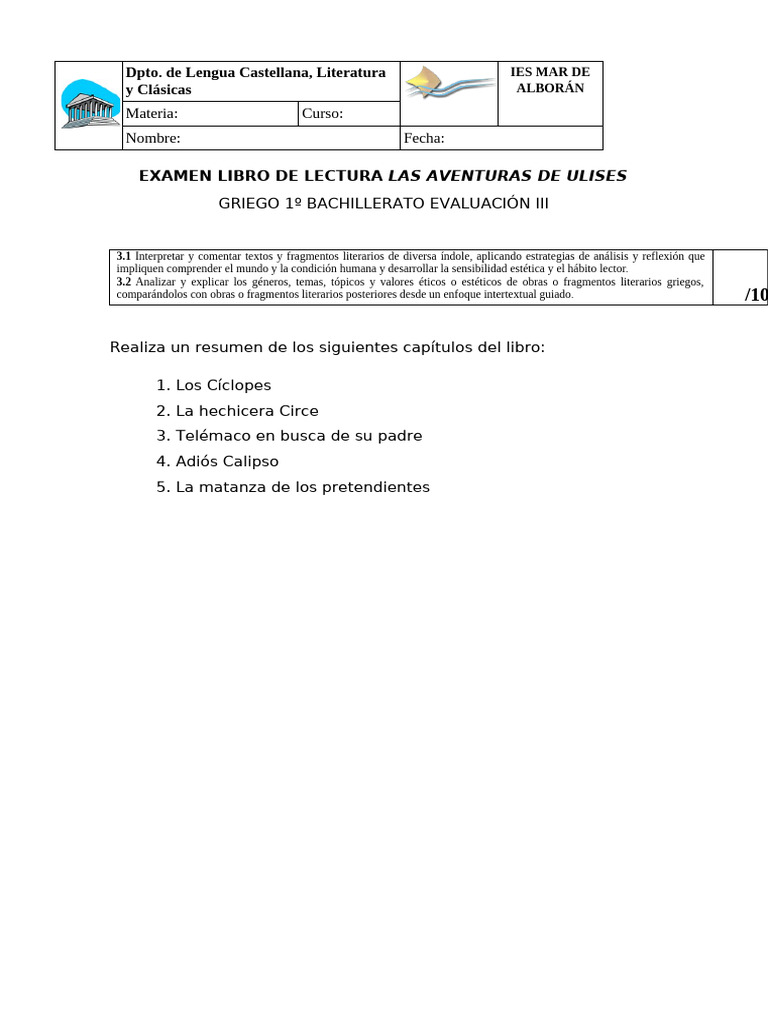 Examen Aventuras de Ulises | PDF