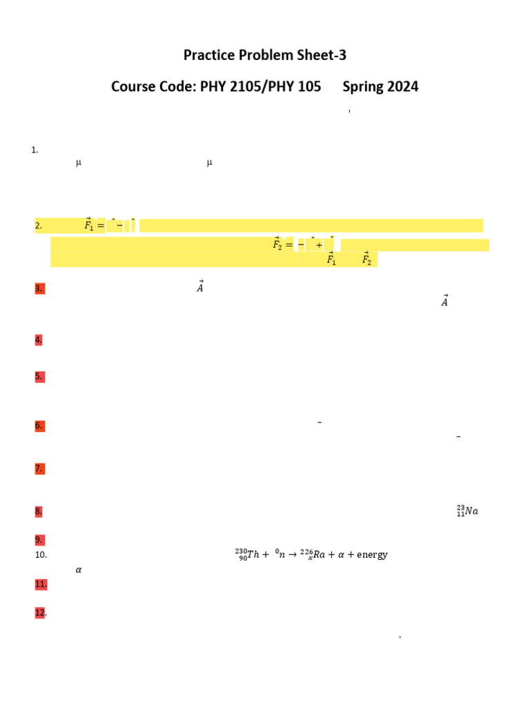 Practice Problem Sheet - 3 - SP 24 - PHY 105 | PDF | Force | Electrostatics