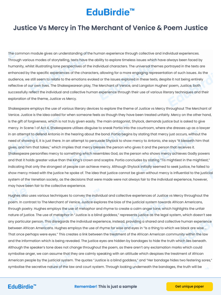 Justice Vs Mercy in The Merchant of Venice & Poem Justice | PDF | The ...