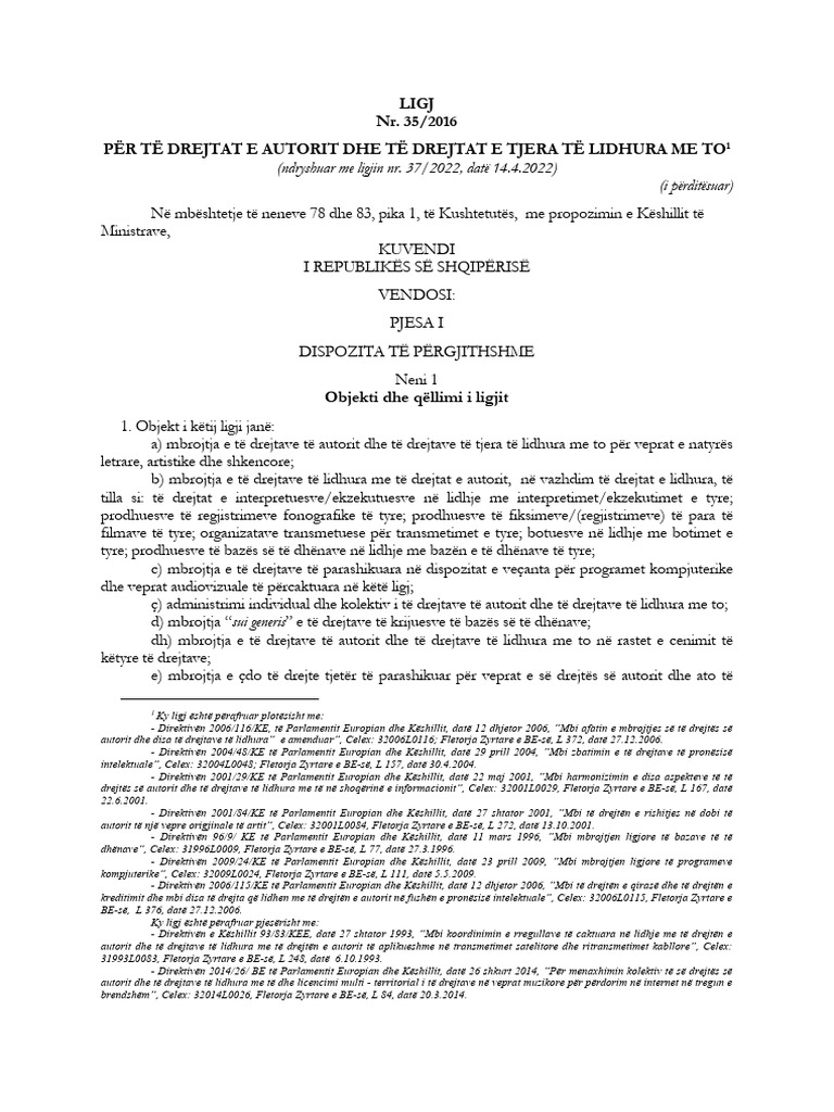 Ligji Per Te Drejtat e Autorit Dhe Te Drejtat e Tjera Te Lidhura Me To ...