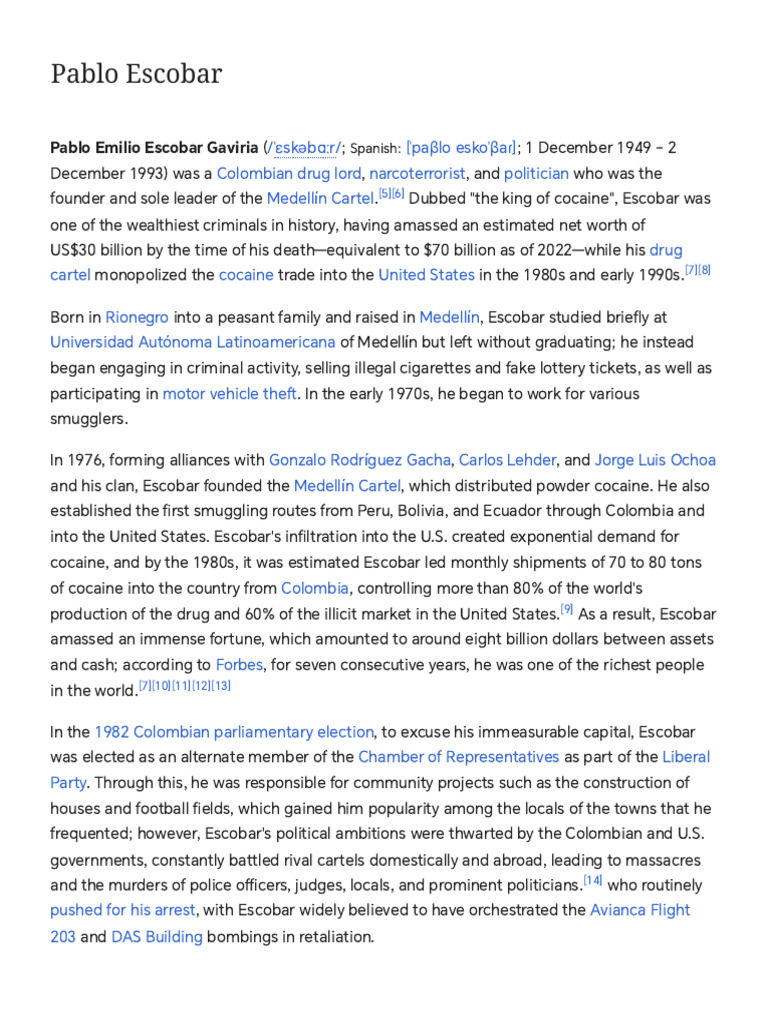 Pablo Escobar: Medellín Cartel Leader | PDF | Colombia | Organized Crime