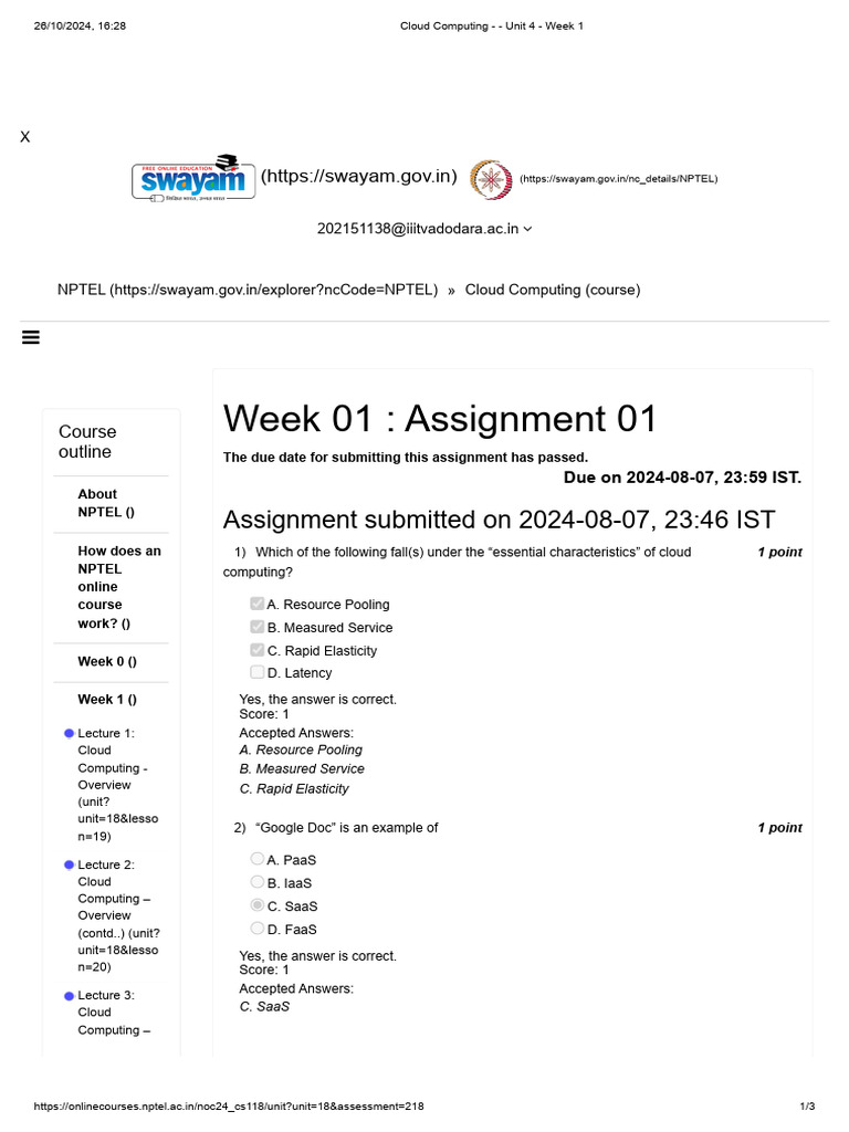Week 01: Assignment 01: Assignment Submitted On 2024-08-07, 23:46 IST | PDF | Cloud Computing ...