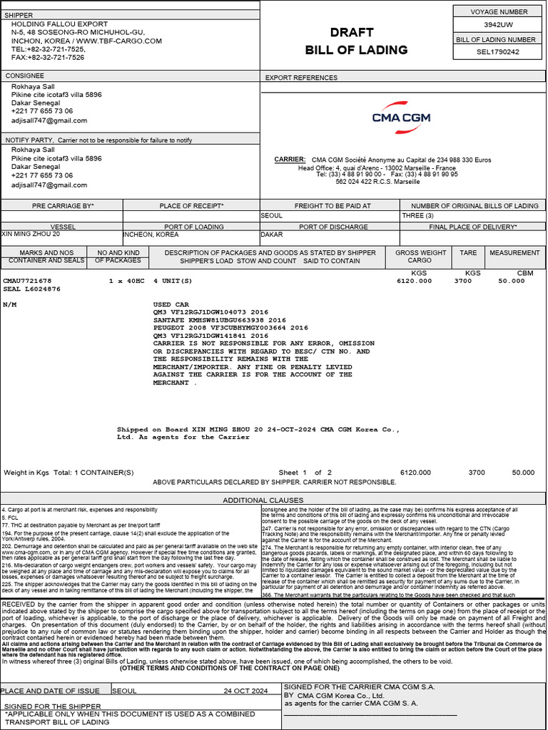 PL - 241004 Assane Sall Cmau7721678 Dongjo Check BL | PDF | Bill Of ...