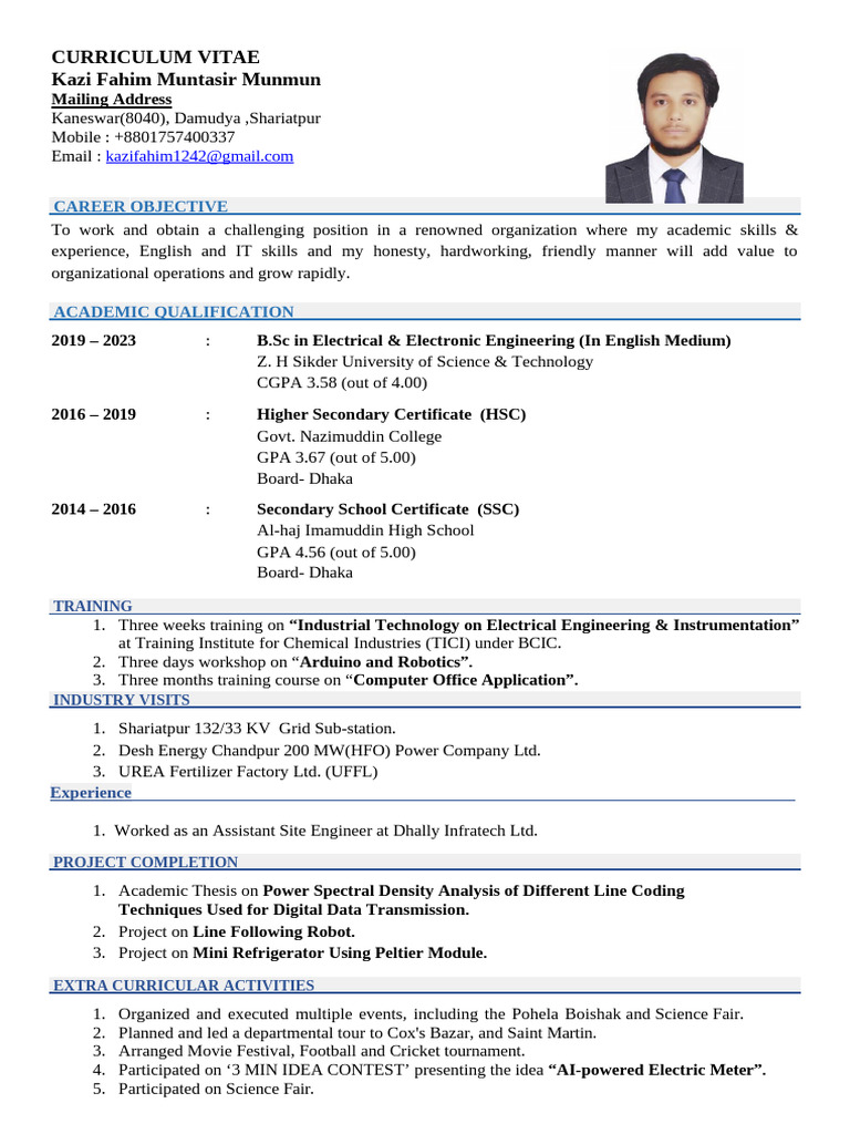 CV of Kazi Fahim Muntasir - 091250 | PDF