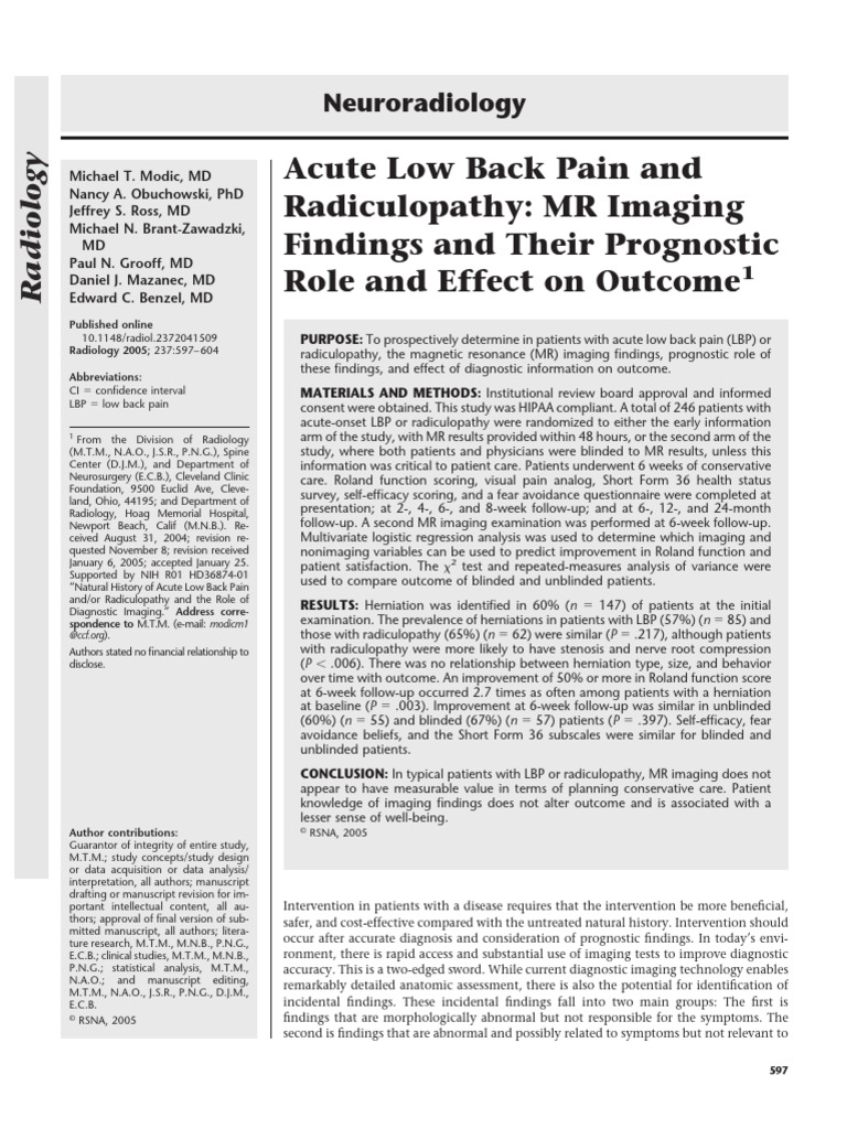 Acute Low Back Pain and Radiculopathy MR Imaging Findings and Their ...