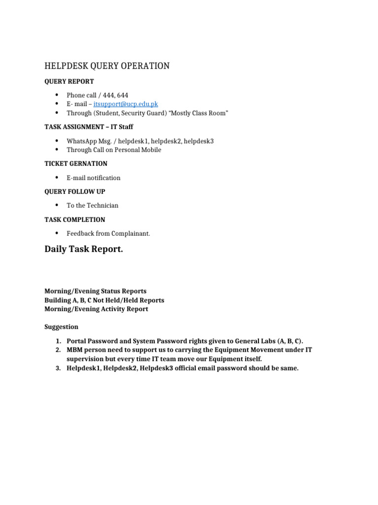 Helpdesk Query Operation: Daily Task Report | PDF