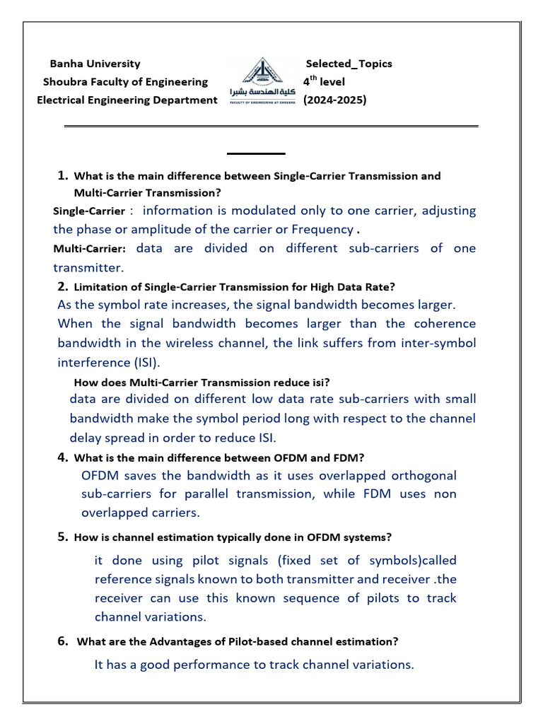 Sheet 2 - Selected - Topics | PDF | Orthogonal Frequency Division Multiplexing | Electrical ...