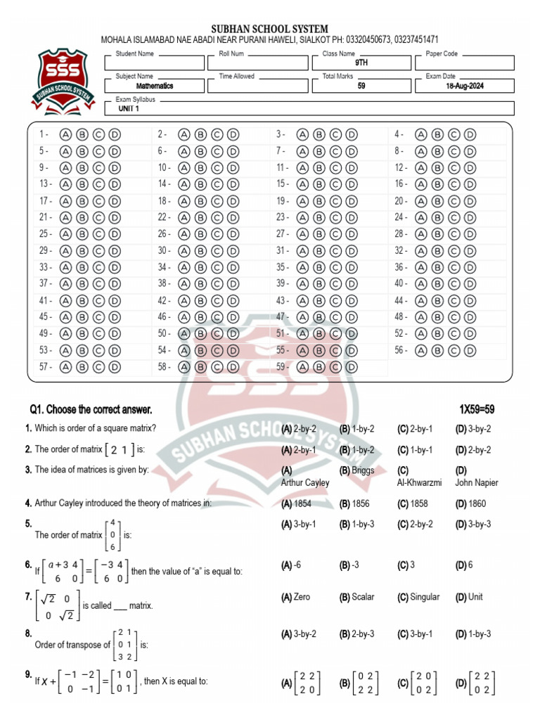 Math Unit 1 MCQ | PDF | Matrix (Mathematics) | Linear Algebra